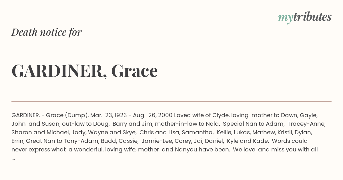 GARDINER, Grace | Death Notices | Melbourne | Herald Sun