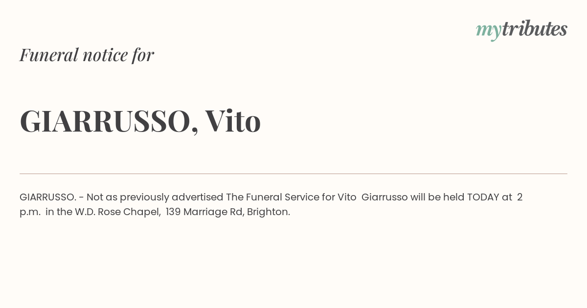 GIARRUSSO, Vito | Funeral Notices | Melbourne | My Tributes
