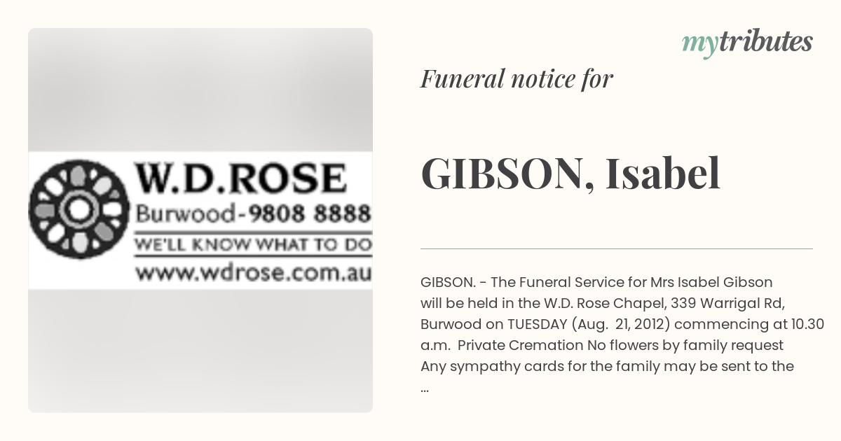 GIBSON, Isabel | Funeral Notices | Melbourne | My Tributes