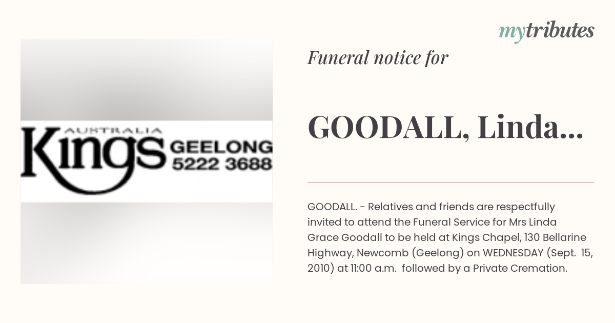 GOODALL, Linda Grace | Funeral Notices | Melbourne | My Tributes