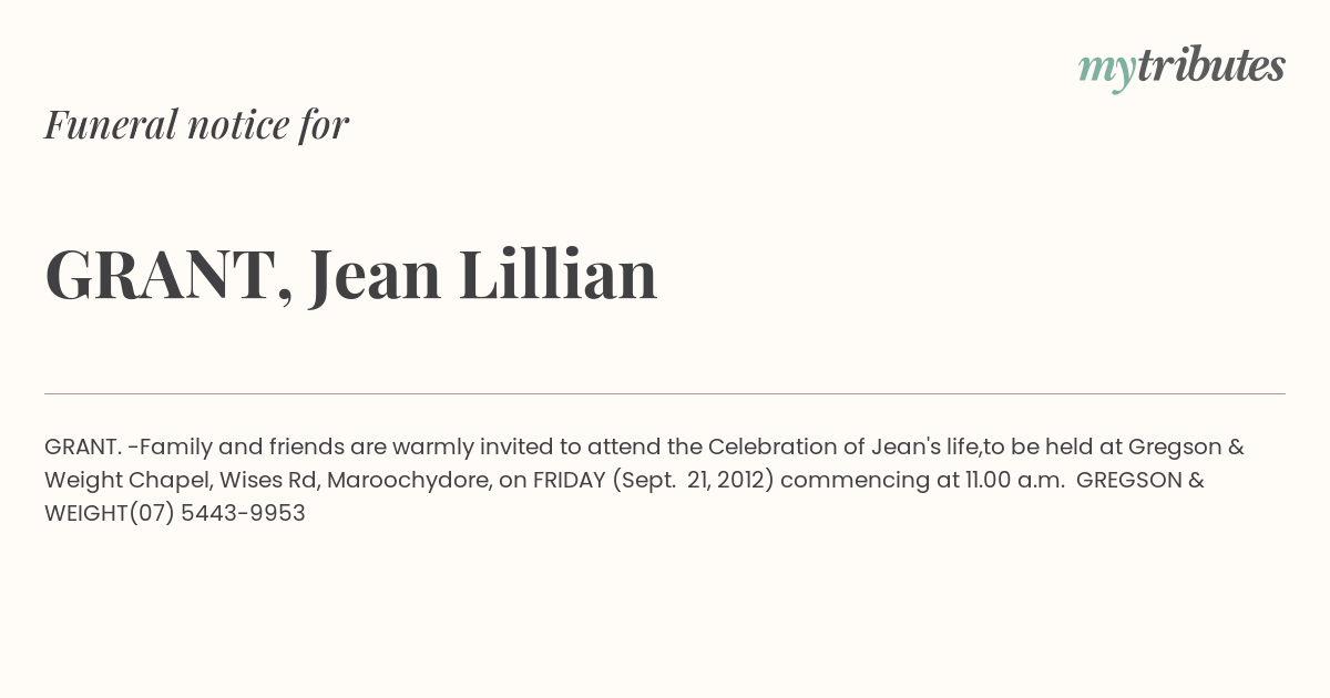 GRANT, Jean Lillian | Funeral Notices | Melbourne | Weekly Times Now