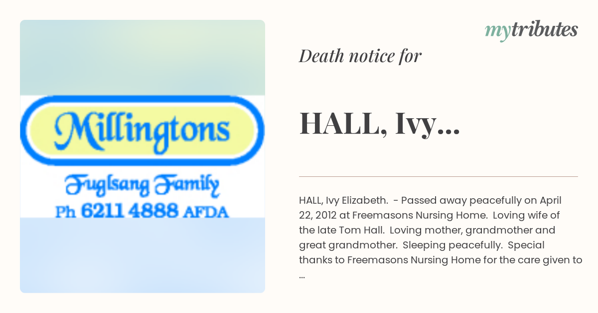 HALL, Ivy Elizabeth | Death Notices | Tasmania | My Tributes