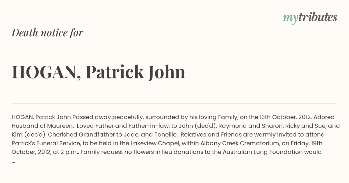 HOGAN, Patrick John | Death Notices | Brisbane | My Tributes