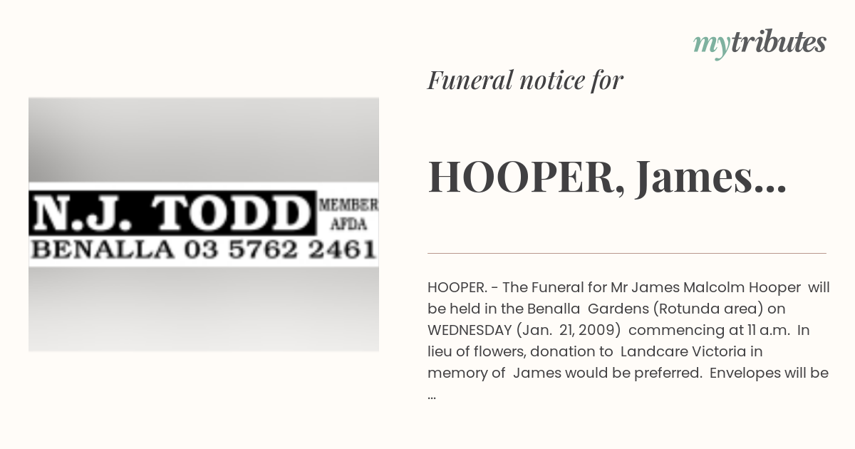 HOOPER, James Malcolm | Funeral Notices | Melbourne | My Tributes