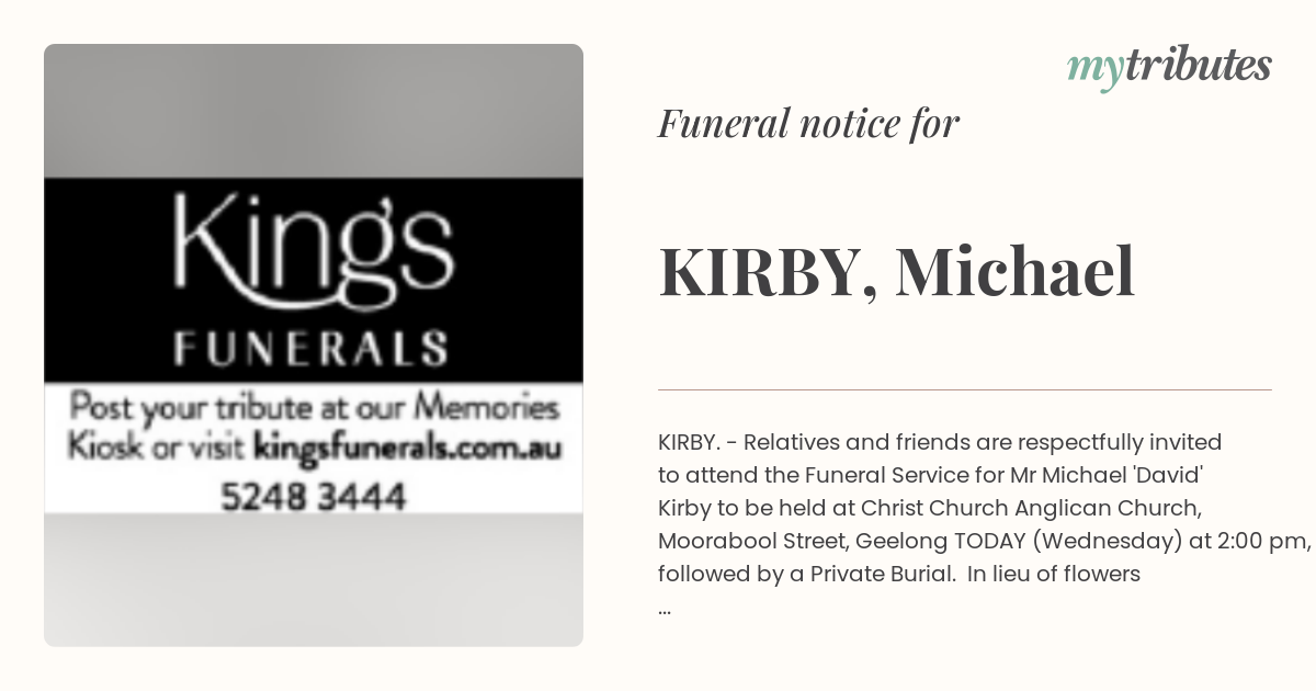 KIRBY, Michael | Funeral Notices | Geelong | My Tributes