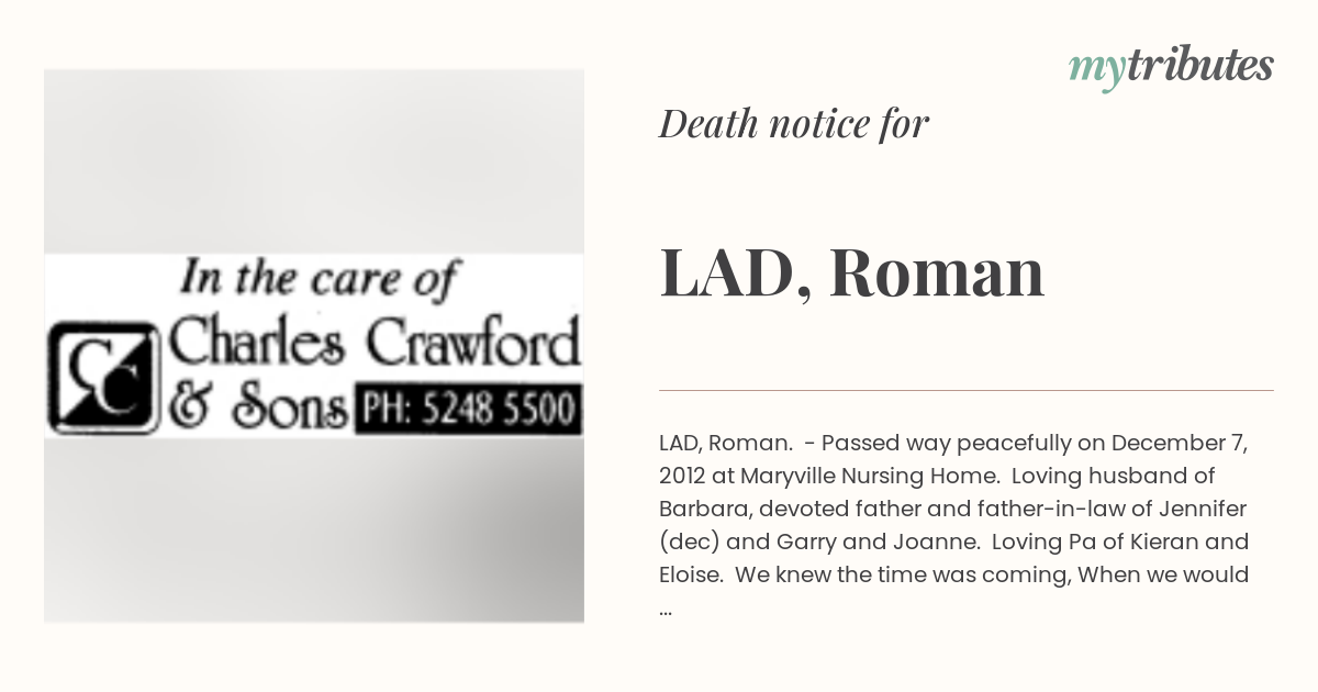 LAD, Roman | Death Notices | Geelong | My Tributes