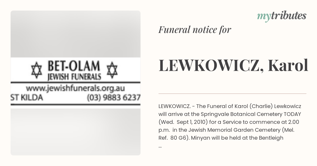 LEWKOWICZ, Karol | Funeral Notices | Melbourne | My Tributes
