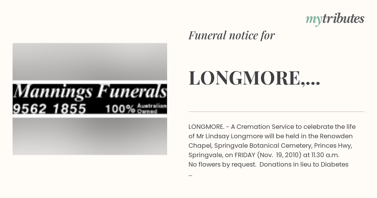 LONGMORE, Lindsay Thomas | Funeral Notices | Melbourne | My Tributes