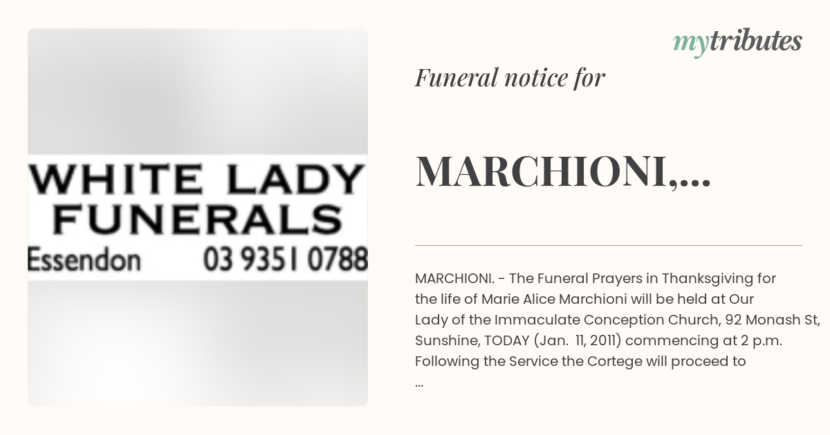 MARCHIONI, Marie Alice | Funeral Notices | Melbourne | My Tributes