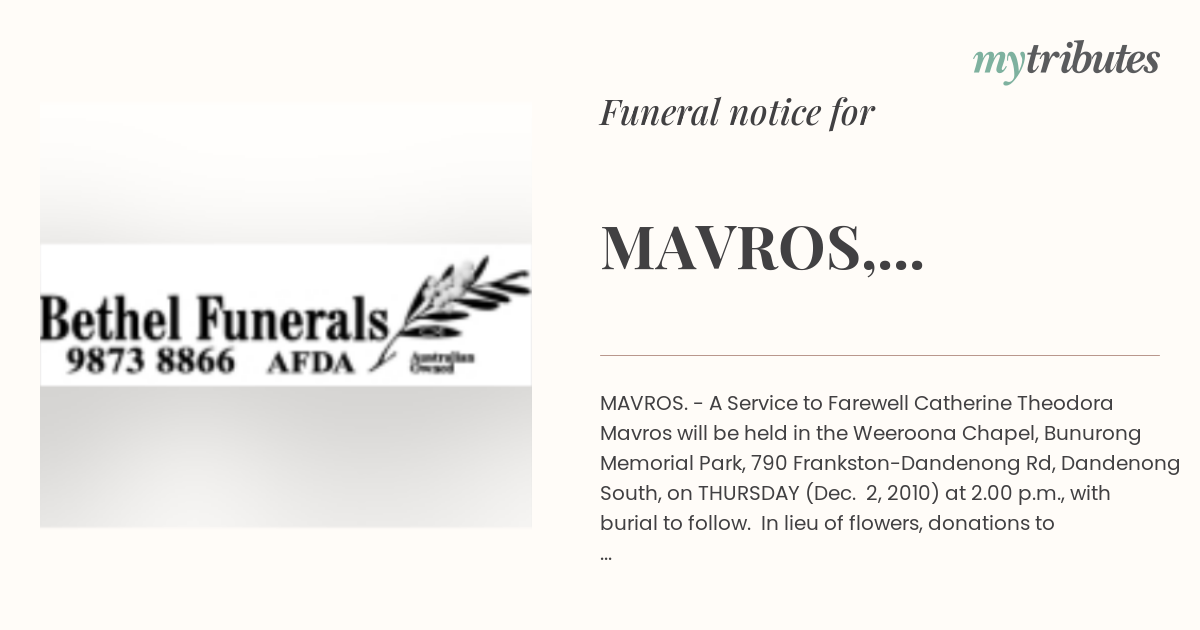 MAVROS, Catherine Theodora | Funeral Notices | Melbourne | Herald Sun