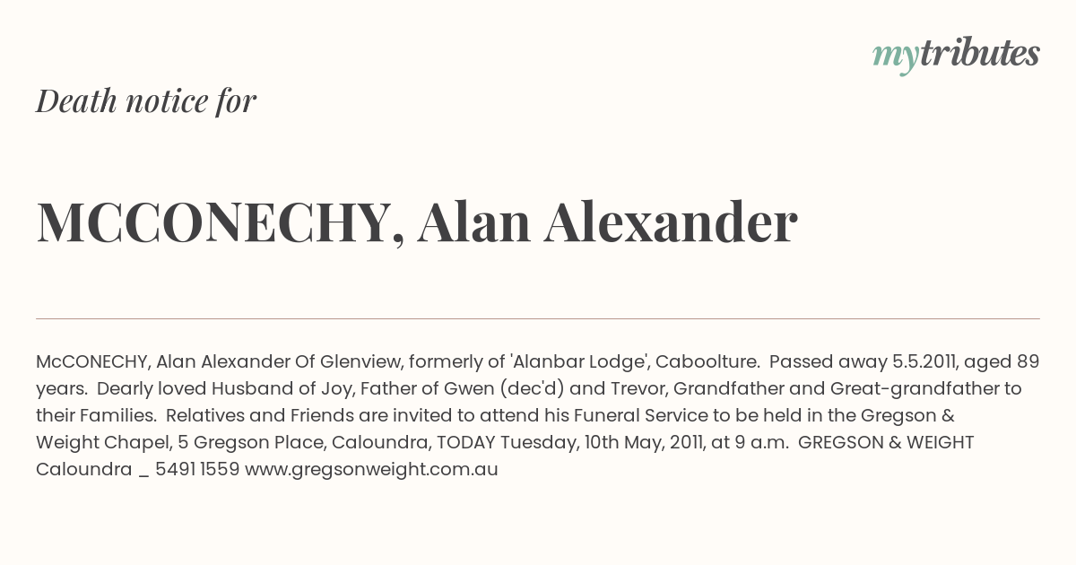 MCCONECHY, Alan Alexander | Death Notices | Brisbane | My Tributes