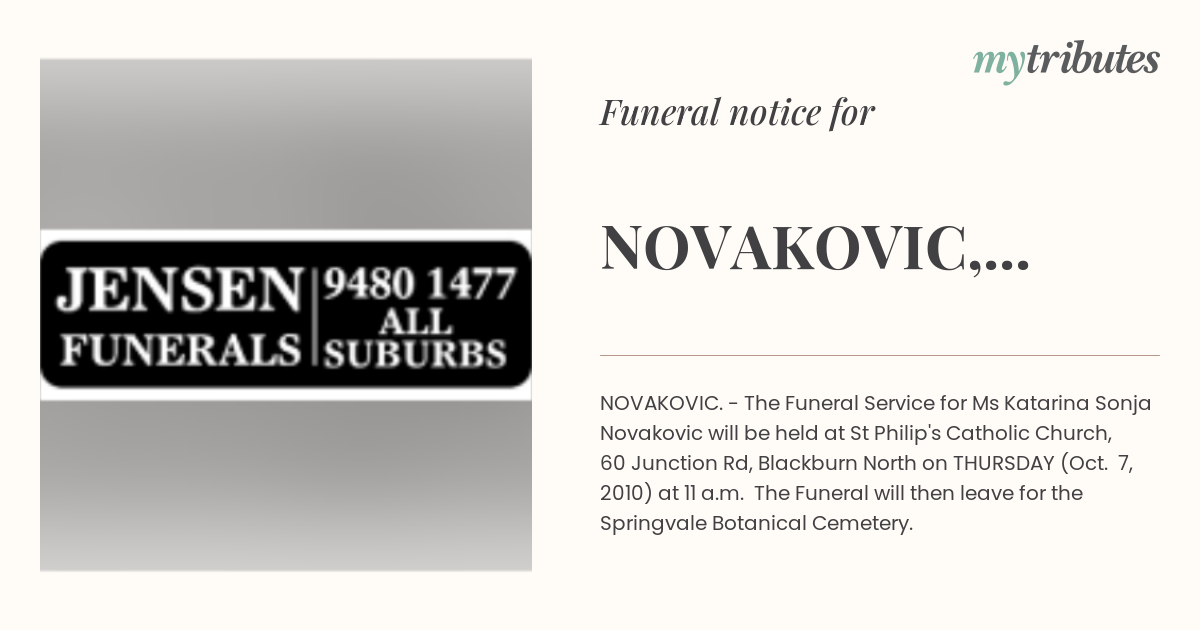 NOVAKOVIC, Katarina Sonja | Funeral Notices | Melbourne | My Tributes