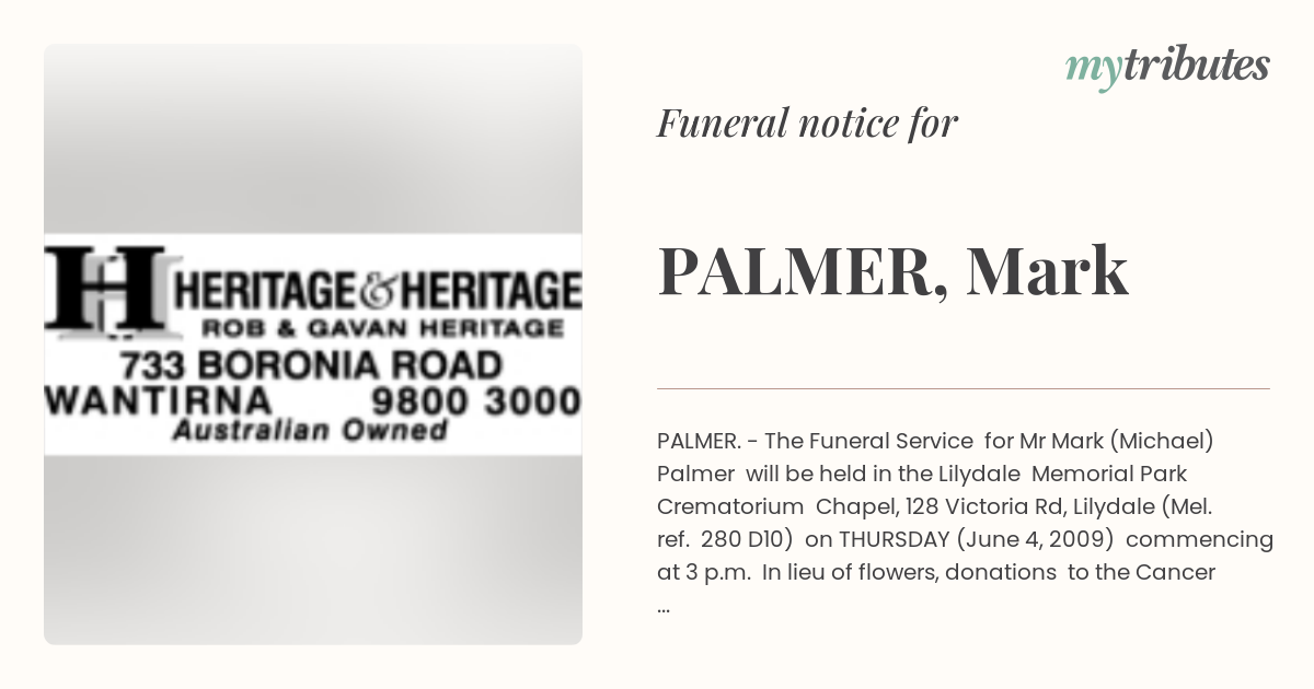 PALMER, Mark | Funeral Notices | Melbourne | My Tributes