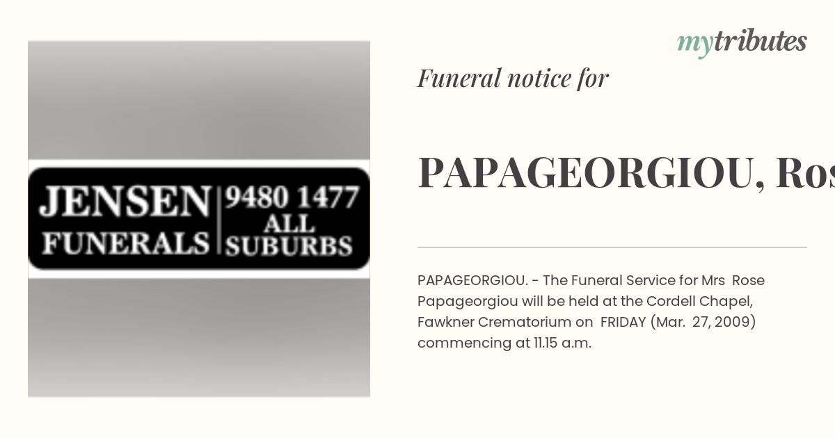 PAPAGEORGIOU, Rose | Funeral Notices | Melbourne | My Tributes