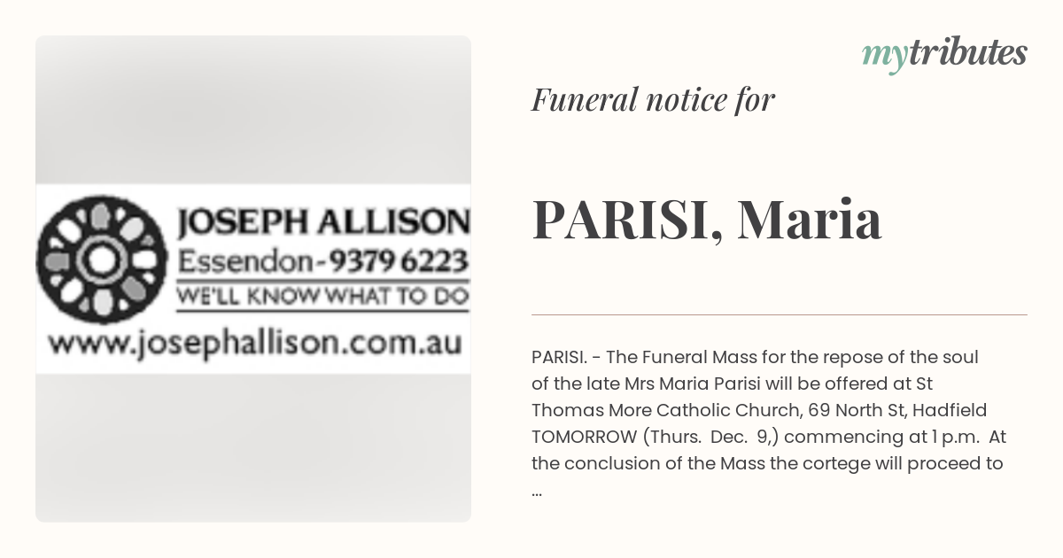 PARISI, Maria | Funeral Notices | Melbourne | My Tributes