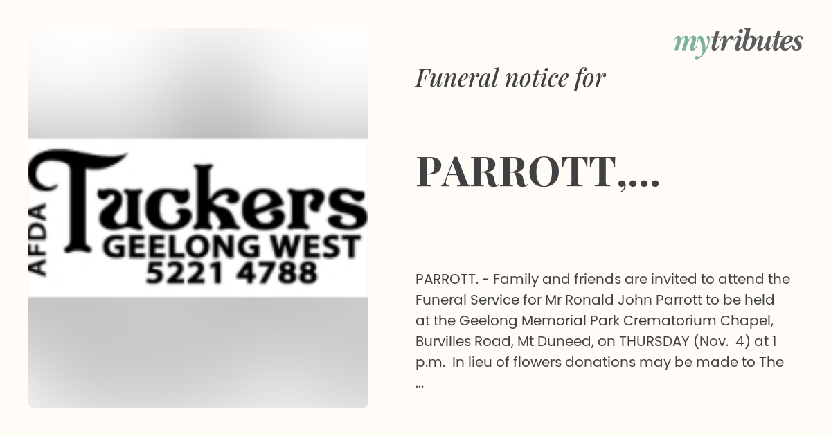 PARROTT, Ronald John | Funeral Notices | Melbourne | My Tributes