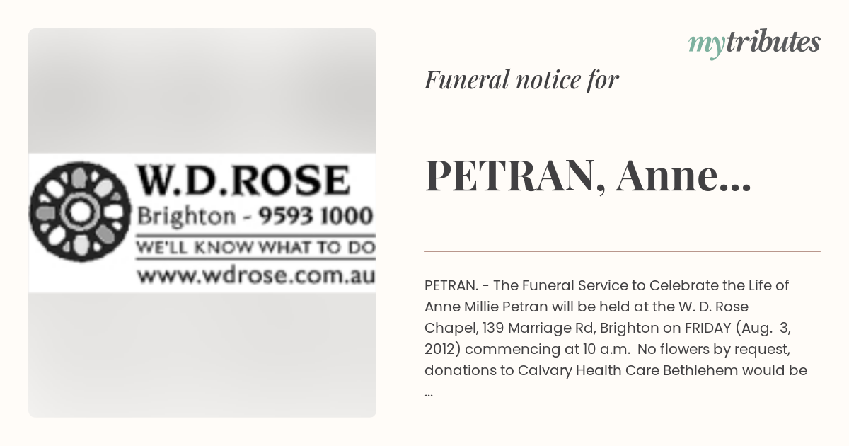 PETRAN, Anne Millie | Funeral Notices | Melbourne | Herald Sun