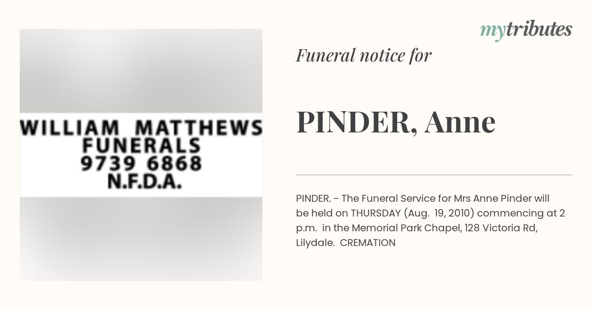 PINDER, Anne | Funeral Notices | Melbourne | My Tributes