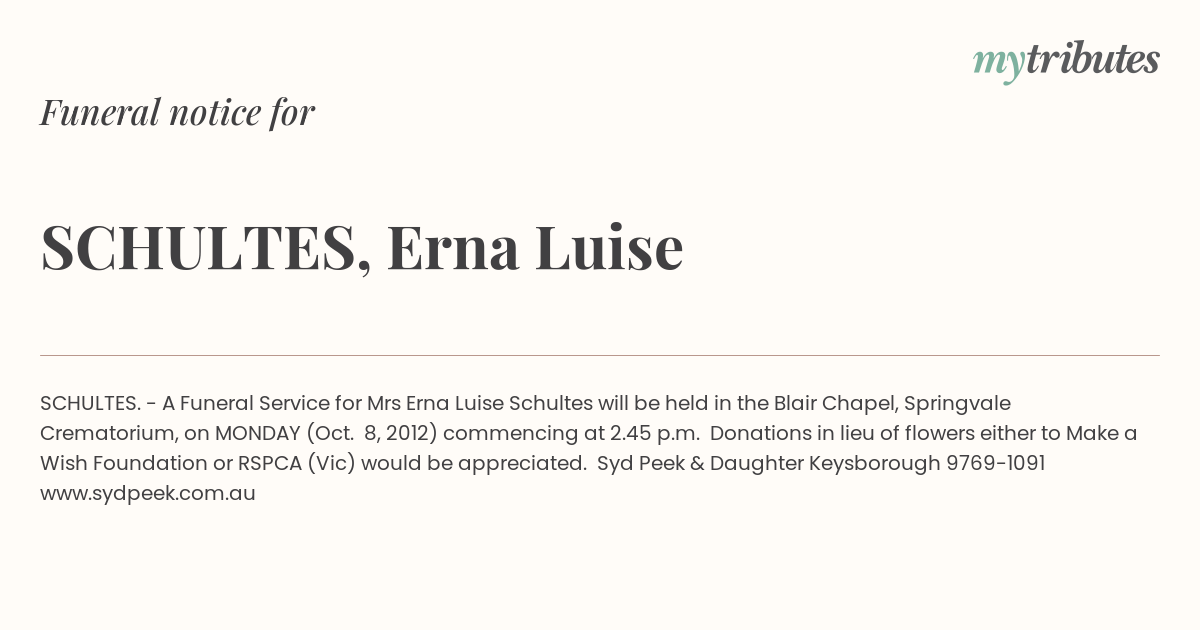 SCHULTES, Erna Luise | Funeral Notices | Melbourne | My Tributes
