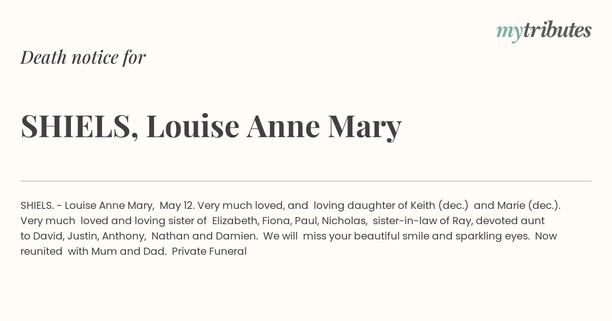 SHIELS, Louise Anne Mary | Death Notices | Melbourne | Herald Sun