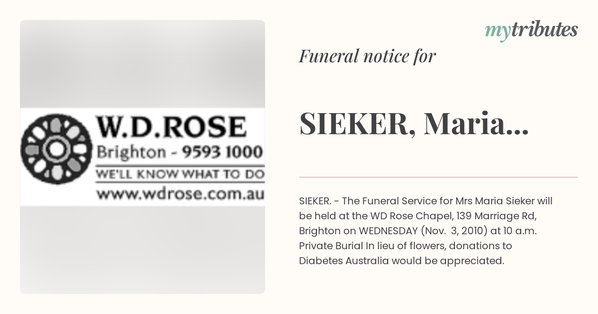 SIEKER, Maria Wilhelmine | Funeral Notices | Melbourne | My Tributes