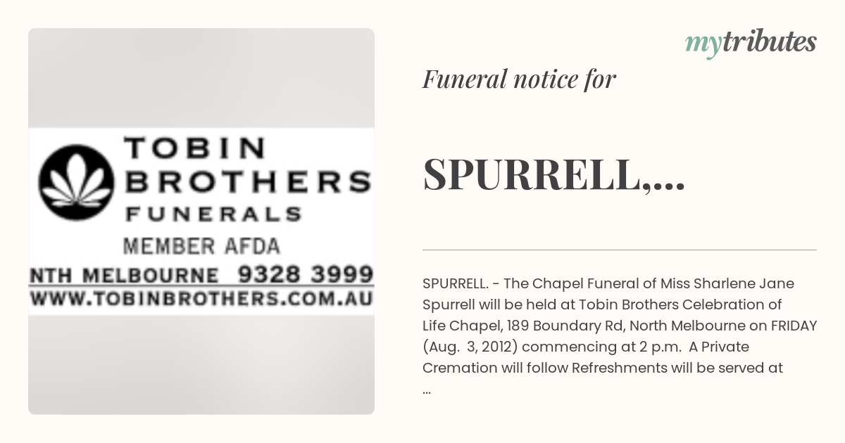 SPURRELL, Sharlene Jane | Funeral Notices | Melbourne | My Tributes