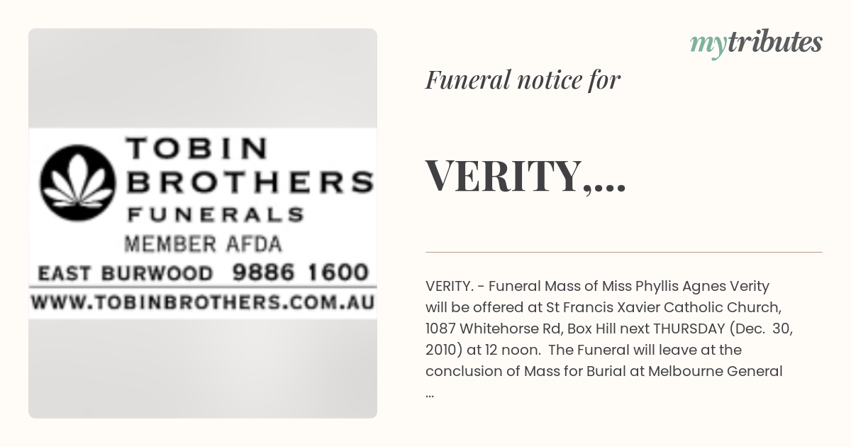 VERITY, Phyllis Agnes | Funeral Notices | Melbourne | Weekly Times Now