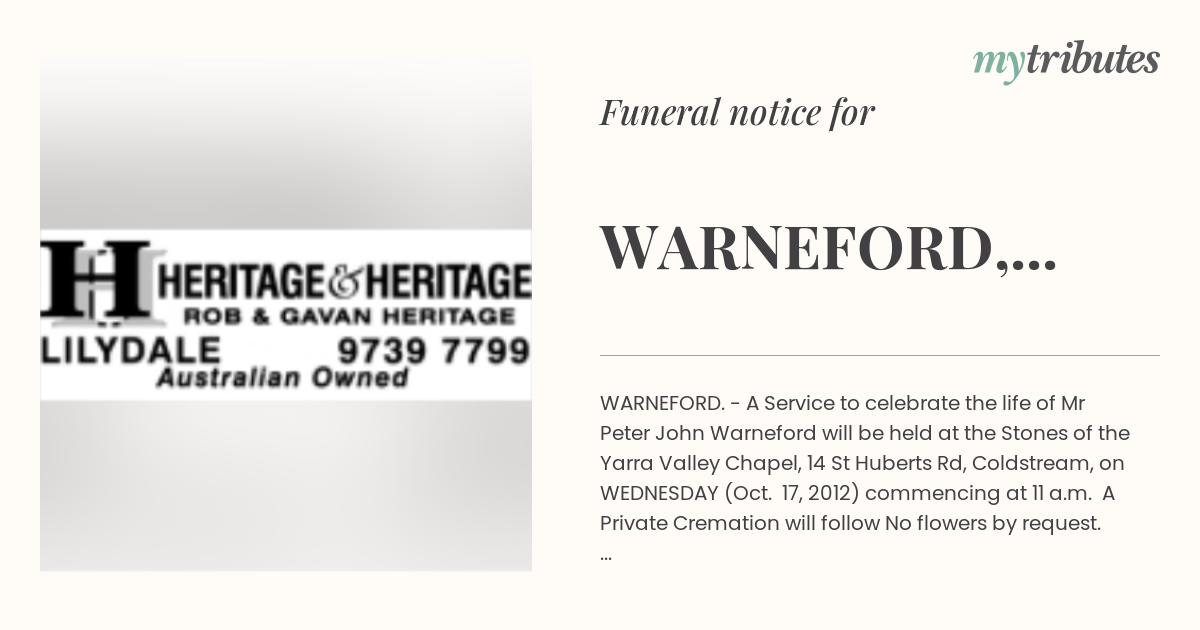 WARNEFORD, Peter John | Funeral Notices | Melbourne | My Tributes