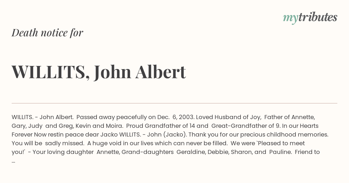 WILLITS, John Albert | Death Notices | Melbourne | My Tributes