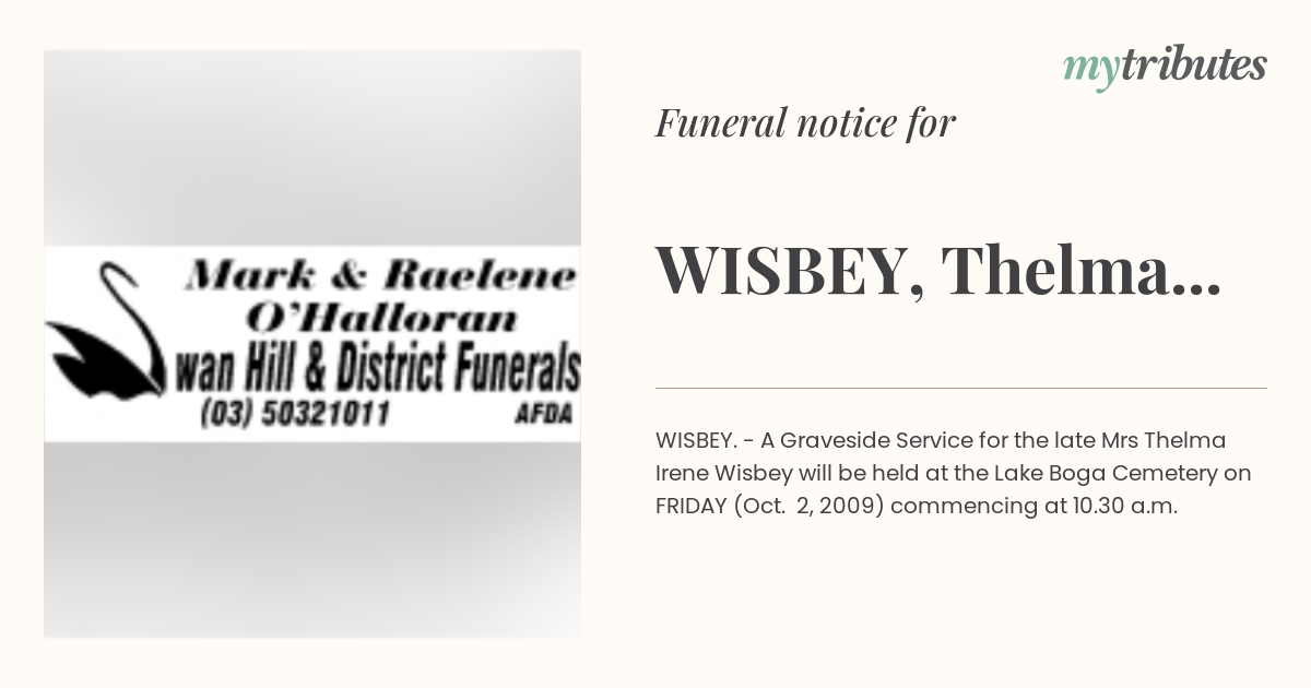 WISBEY, Thelma Irene | Funeral Notices | Melbourne | My Tributes