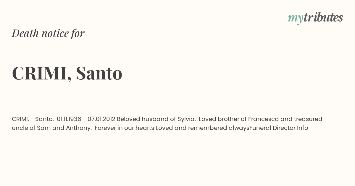 CRIMI, Santo | Death Notices | Melbourne | My Tributes