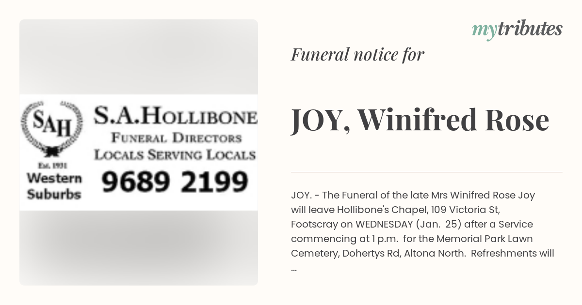 JOY, Winifred Rose | Funeral Notices | Melbourne | My Tributes