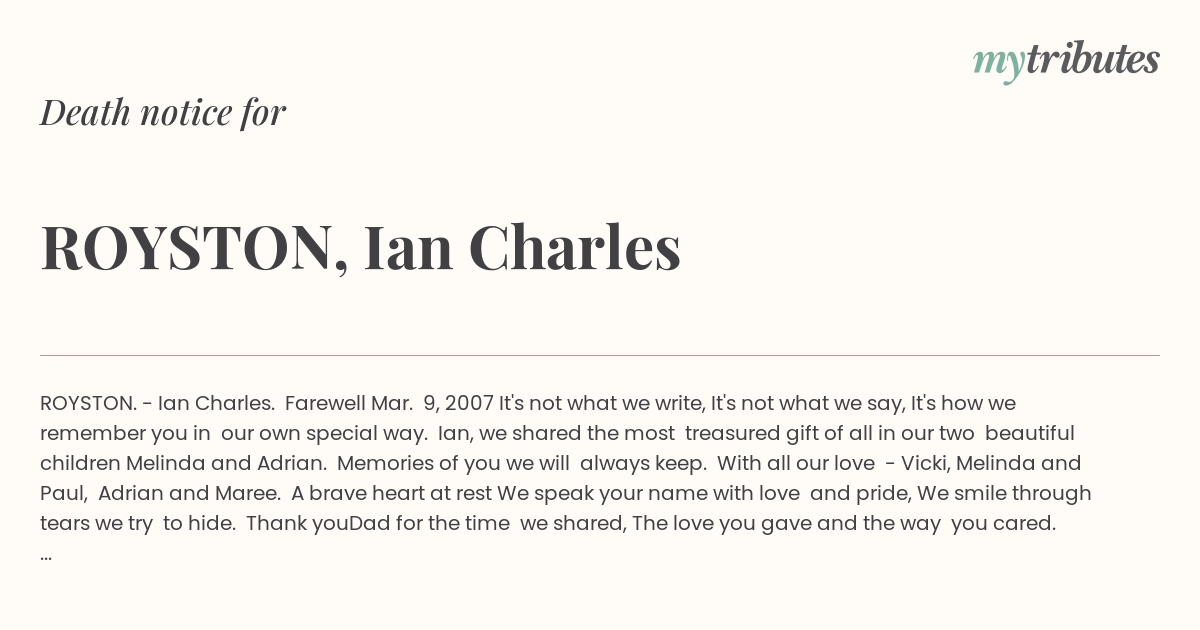 ROYSTON, Ian Charles | Death Notices | Melbourne | My Tributes