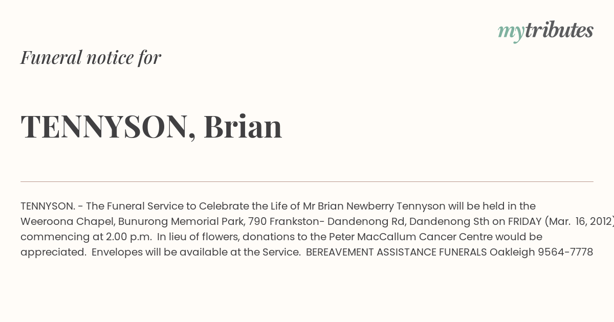 TENNYSON, Brian | Funeral Notices | Melbourne | My Tributes