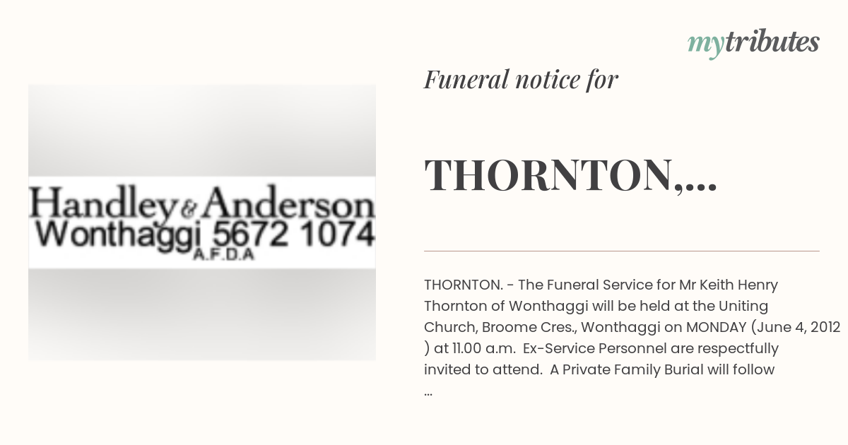 THORNTON, Keith Henry | Funeral Notices | Melbourne | My Tributes