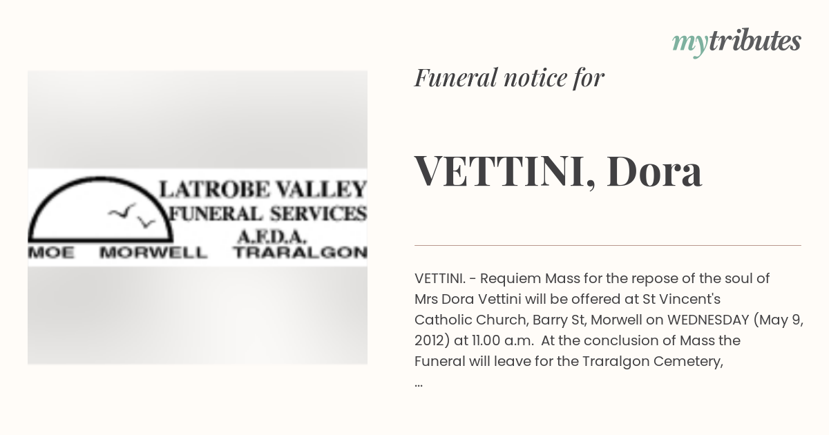 VETTINI, Dora | Funeral Notices | Melbourne | My Tributes
