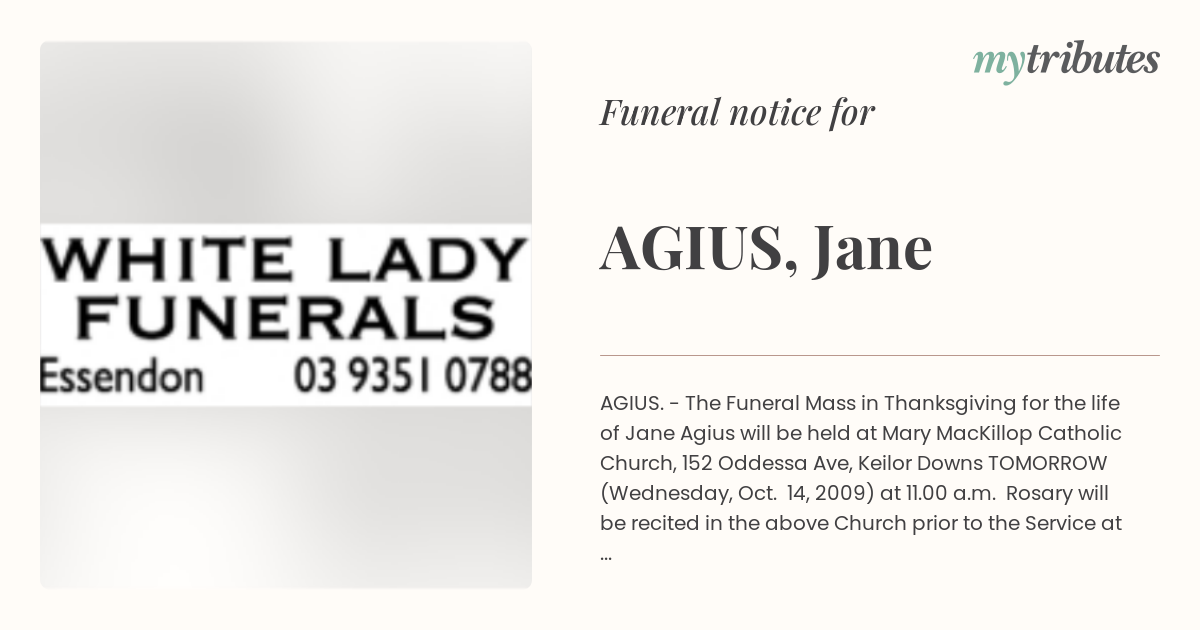 AGIUS, Jane | Funeral Notices | Melbourne | My Tributes