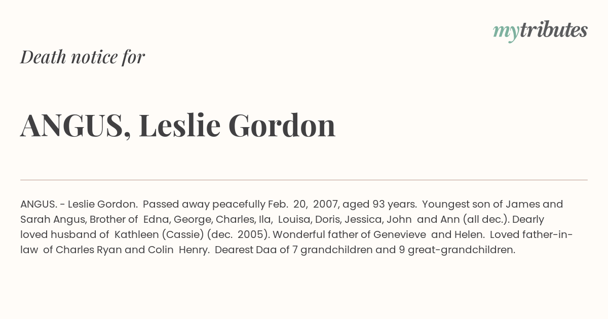 ANGUS, Leslie Gordon | Death Notices | Melbourne | My Tributes