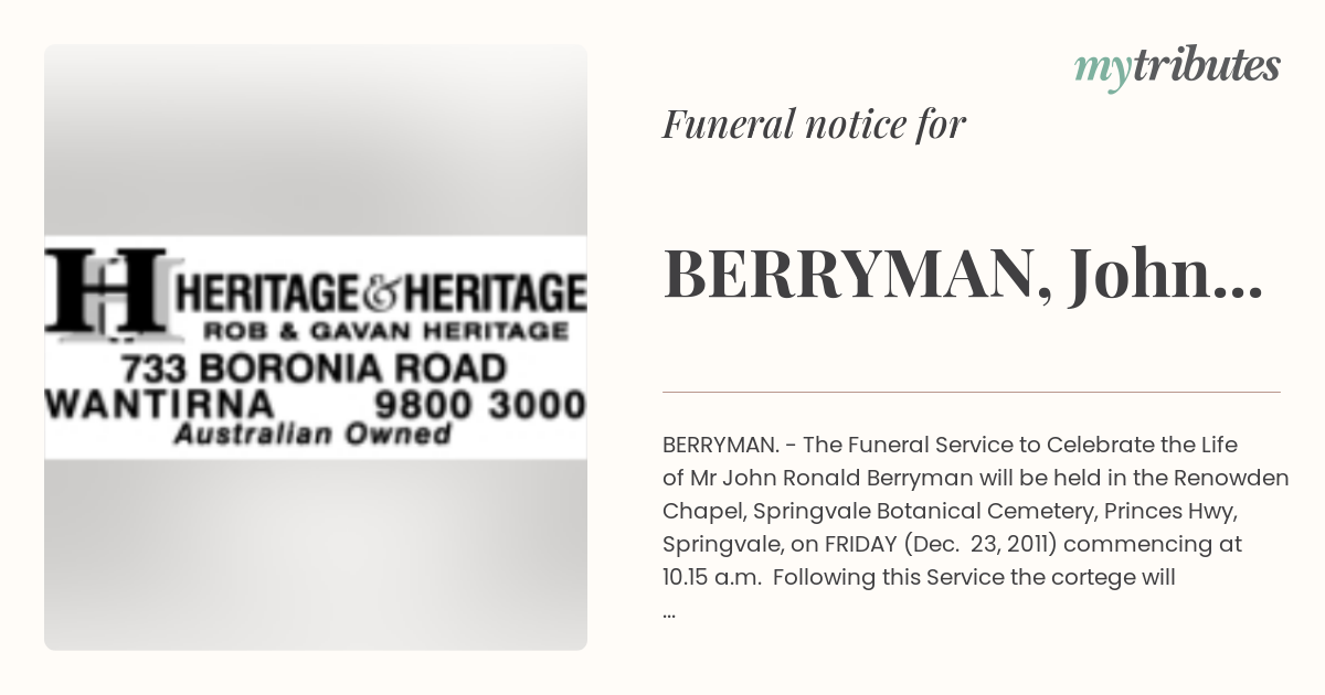 BERRYMAN, John Ronald | Funeral Notices | Melbourne | My Tributes