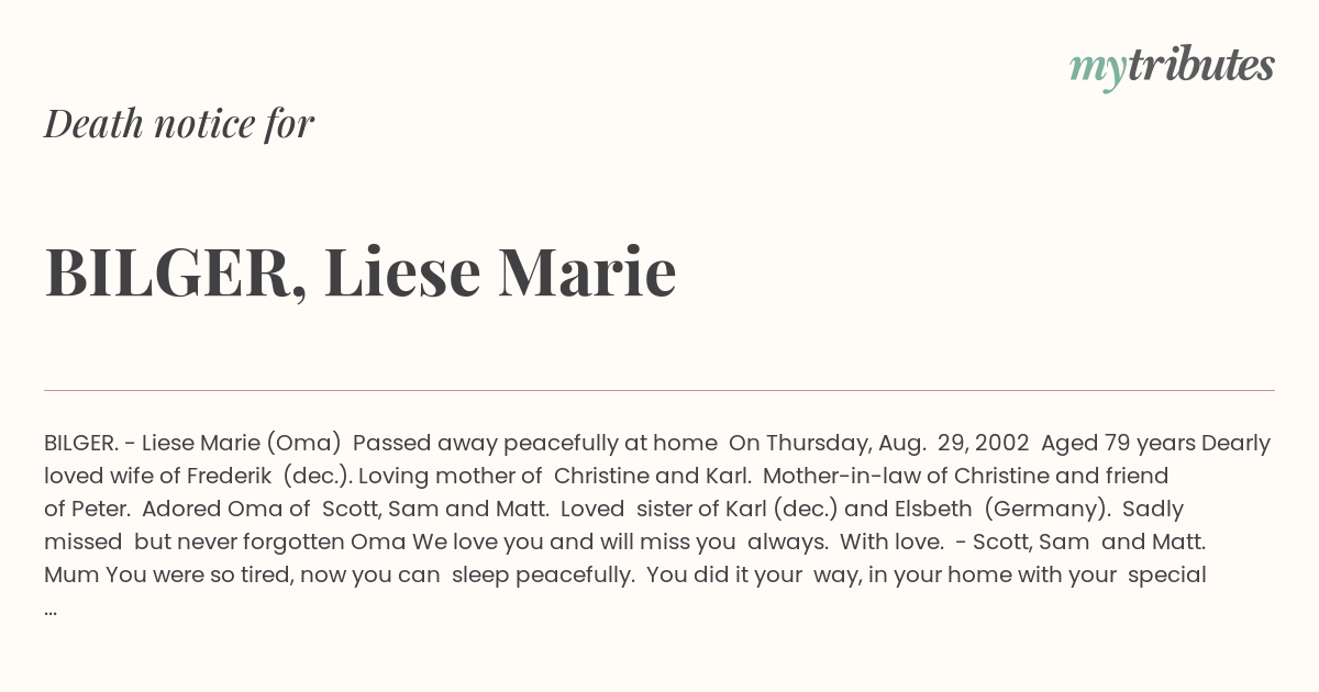 BILGER, Liese Marie | Death Notices | Melbourne | Herald Sun