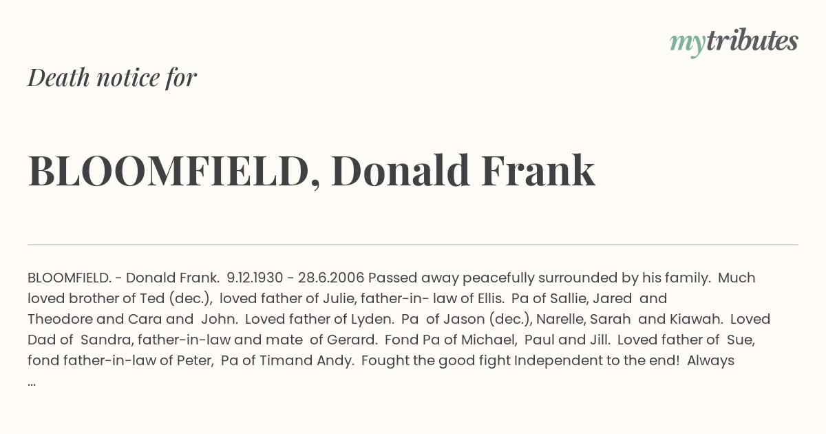 BLOOMFIELD, Donald Frank | Death Notices | Melbourne | My Tributes