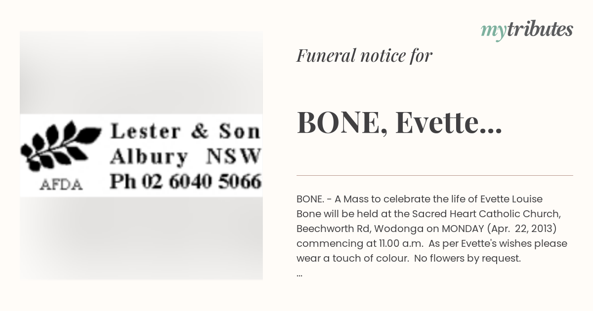 BONE, Evette Louise | Funeral Notices | Melbourne | My Tributes