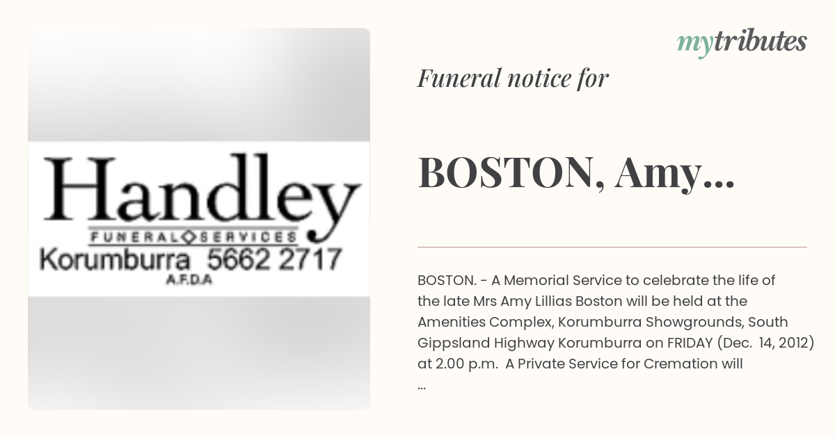 BOSTON, Amy Lillias | Funeral Notices | Melbourne | My Tributes