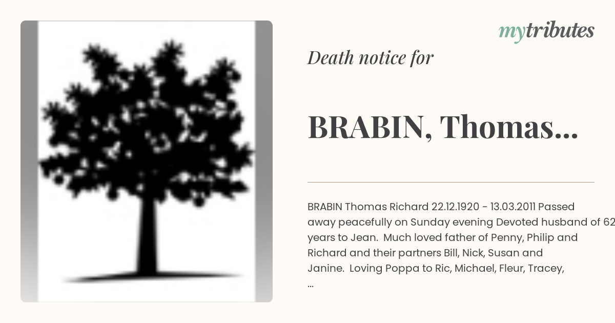 BRABIN, Thomas Richard | Death Notices | Melbourne | My Tributes