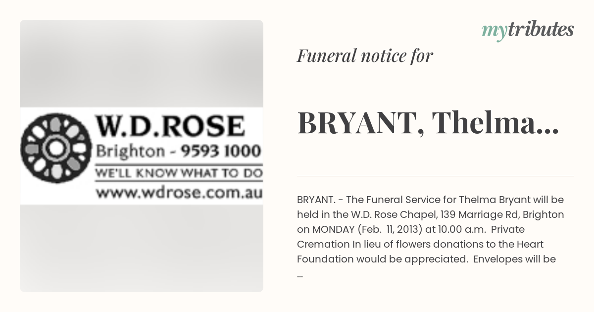 BRYANT, Thelma Alice Amelia | Funeral Notices | Melbourne | My Tributes