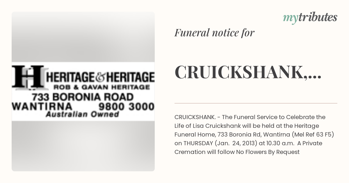 CRUICKSHANK, Lisa Margaret | Funeral Notices | Melbourne | Herald Sun