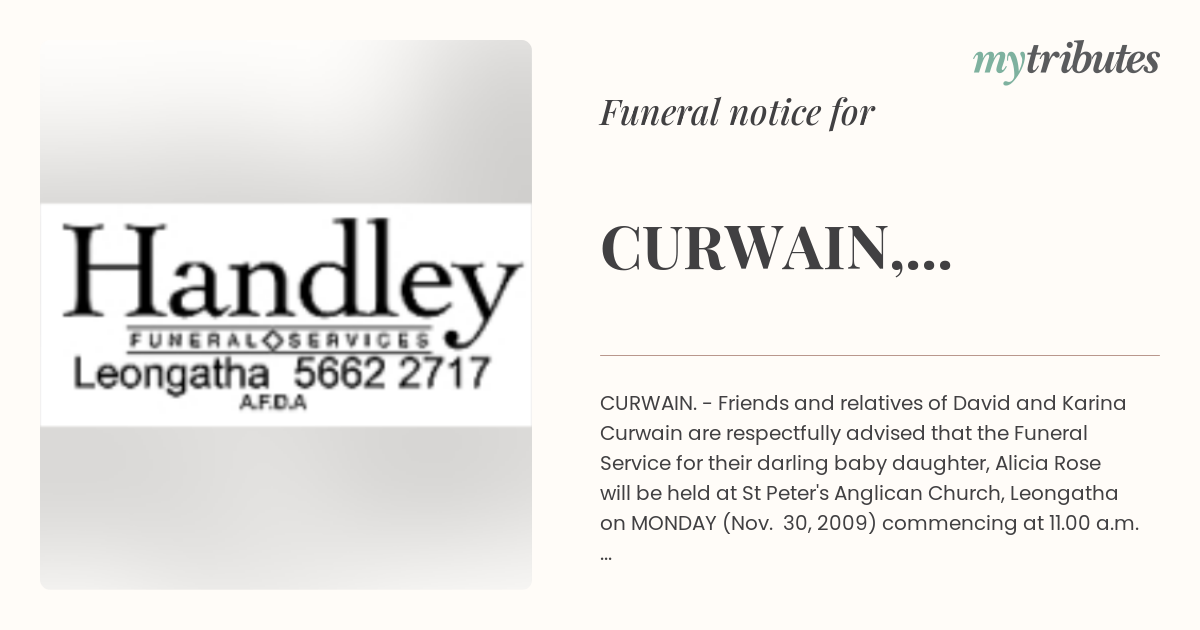 CURWAIN, Alicia Rose | Funeral Notices | Melbourne | My Tributes