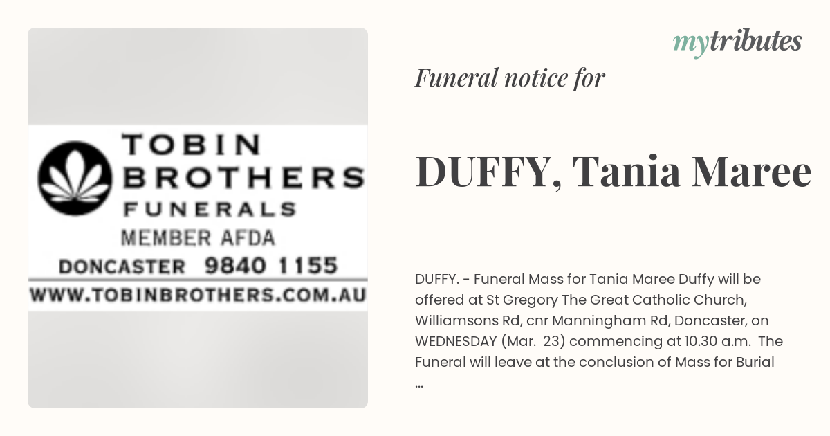 DUFFY, Tania Maree | Funeral Notices | Melbourne | My Tributes
