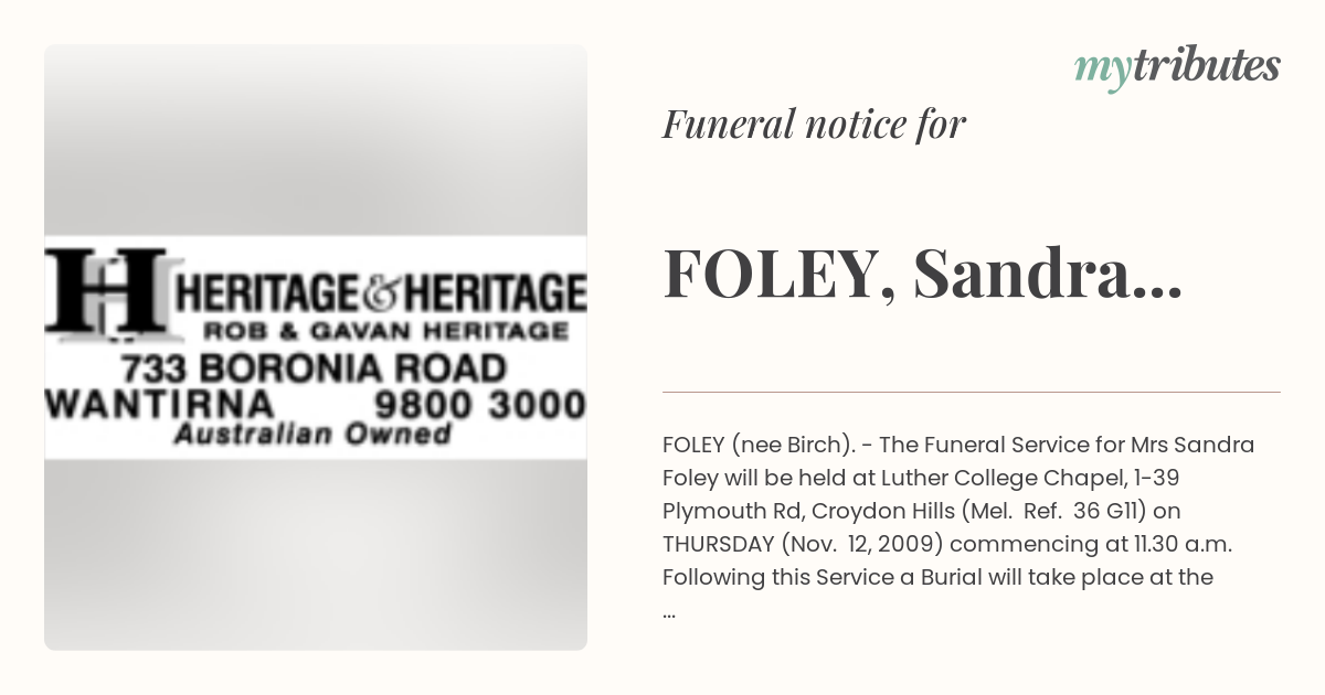FOLEY, Sandra Katherine | Funeral Notices | Melbourne | My Tributes