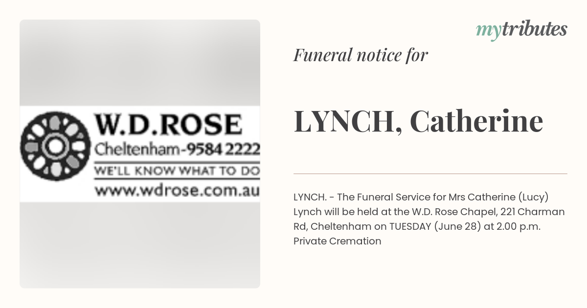 LYNCH, Catherine | Funeral Notices | Melbourne | My Tributes